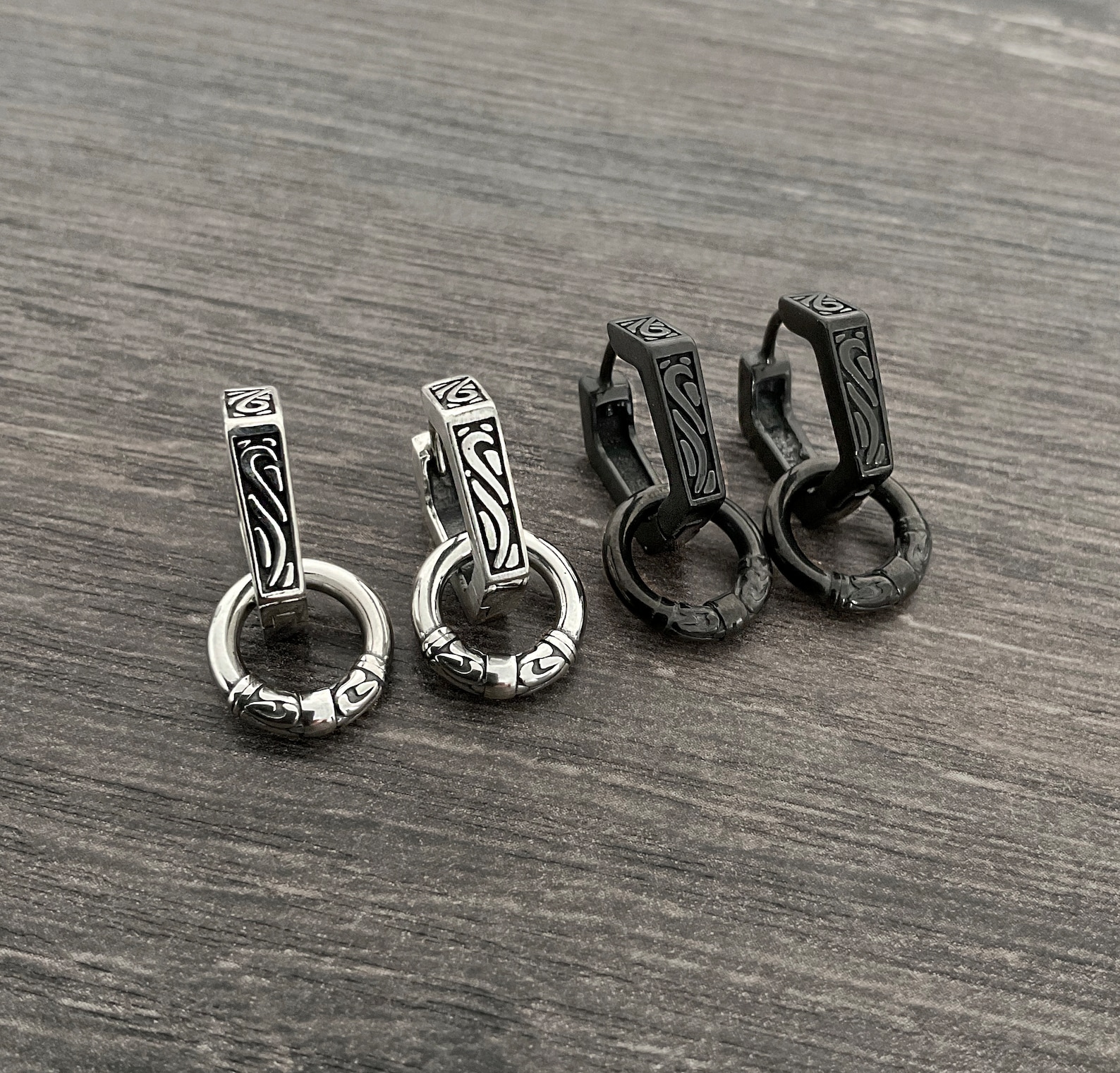 Textured Stainless Steel Double Hoop Earrings, Gothic Mens Jewelry - Etsy