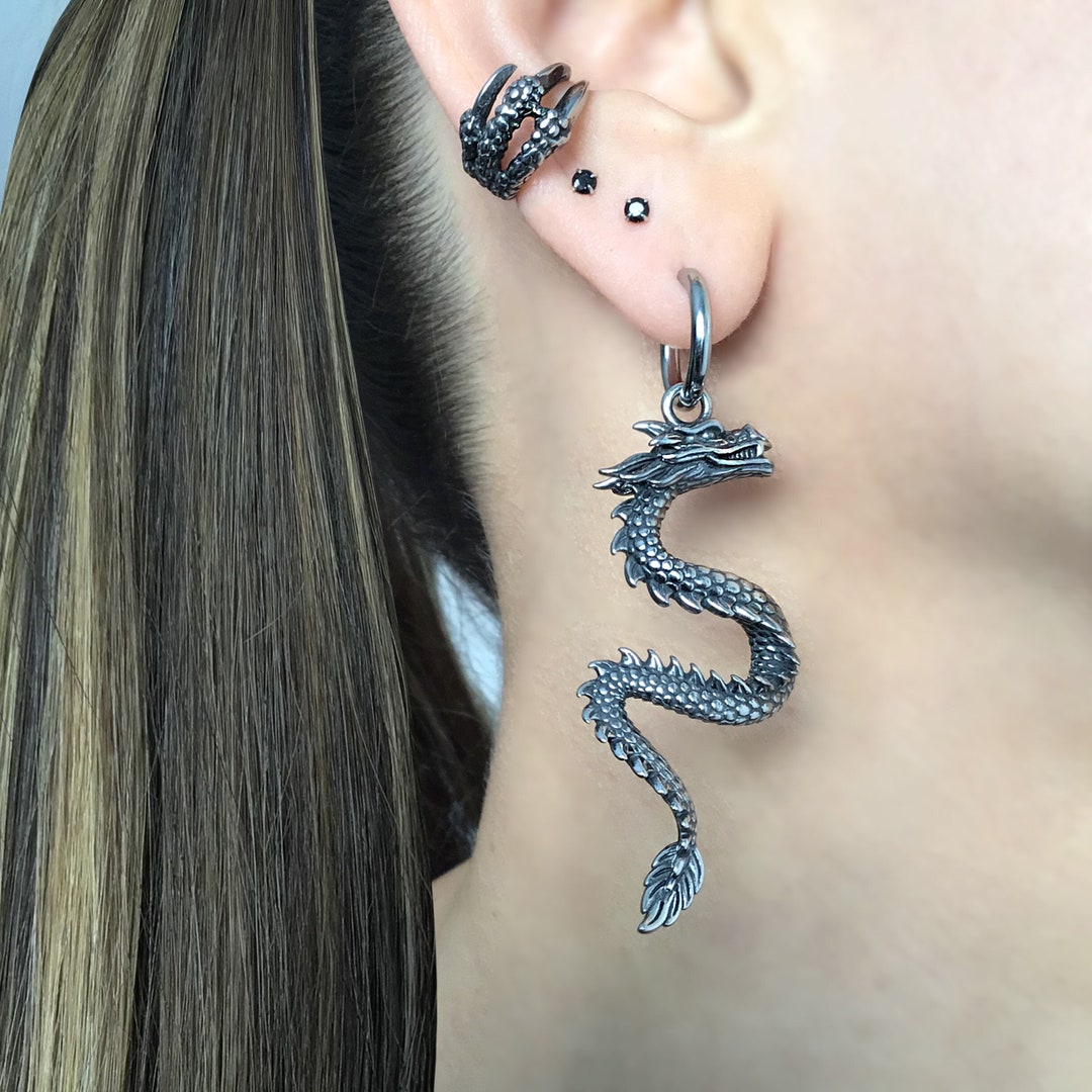 Dragon Hoop Earrings, Gothic Jewelry, Oxidized Stainless Steel Hoops - Etsy