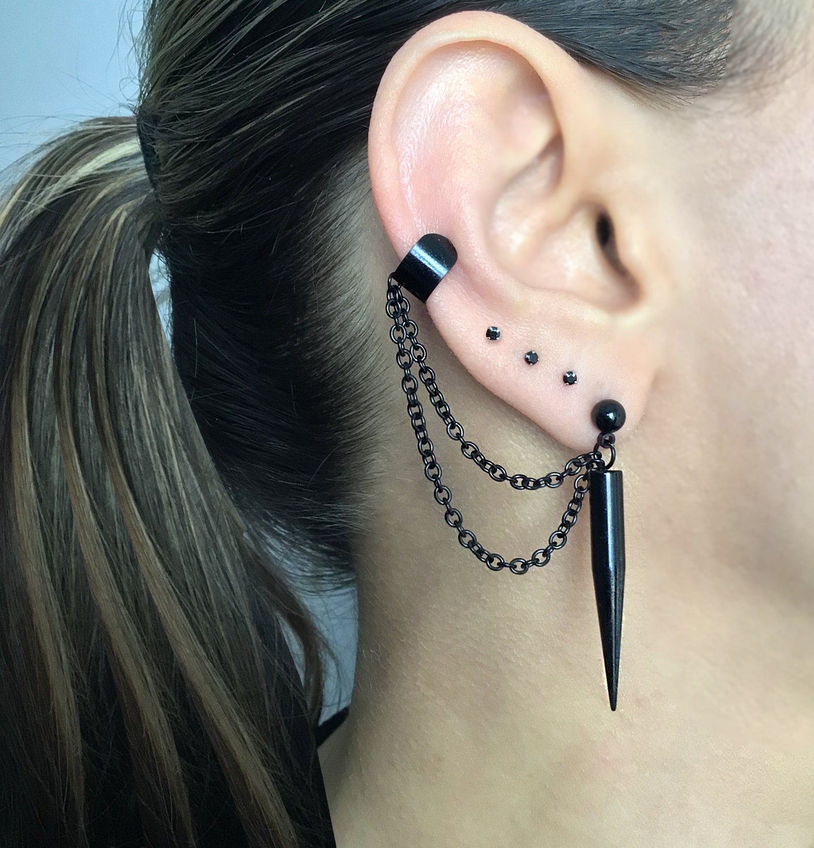 Spike Stud With Ear Cuff, Stainless Steel Dangle Earrings, Gothic Chain ...