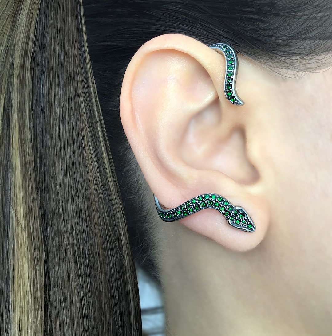 SINGLE Snake Earring,snake Earring With CZ Stones, Black CZ Earrings ...
