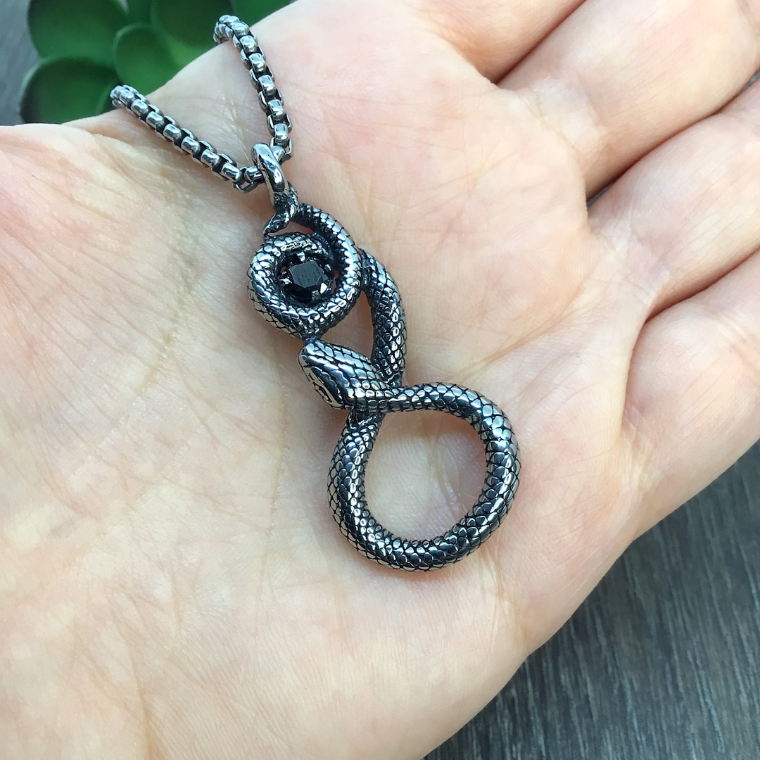Snake Pendant Necklace With Black Stone, Gothic Serpent Jewelry ...