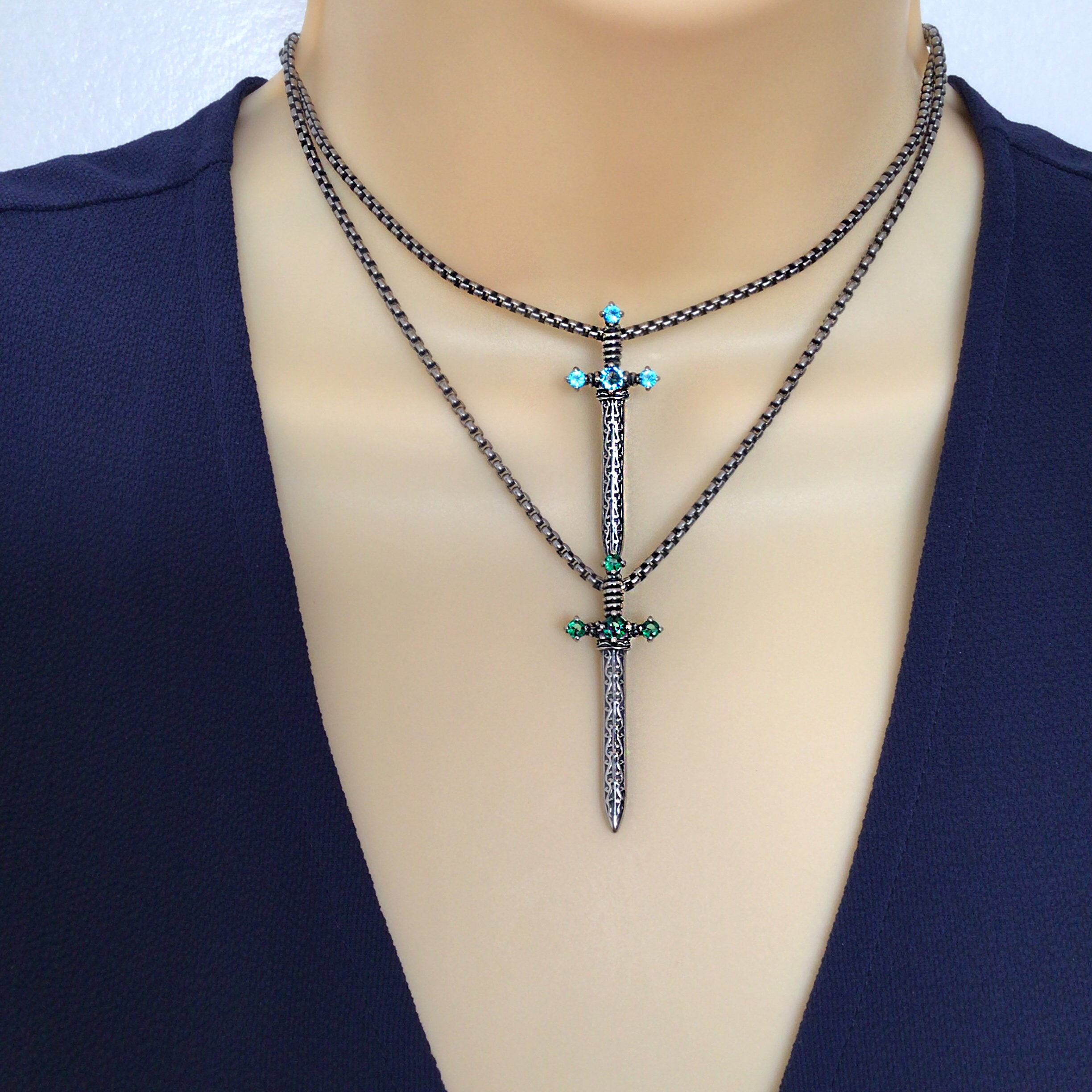 Sword Pendant With CZ Stones, Dagger Necklace, Ornate Blade, Unisex ...