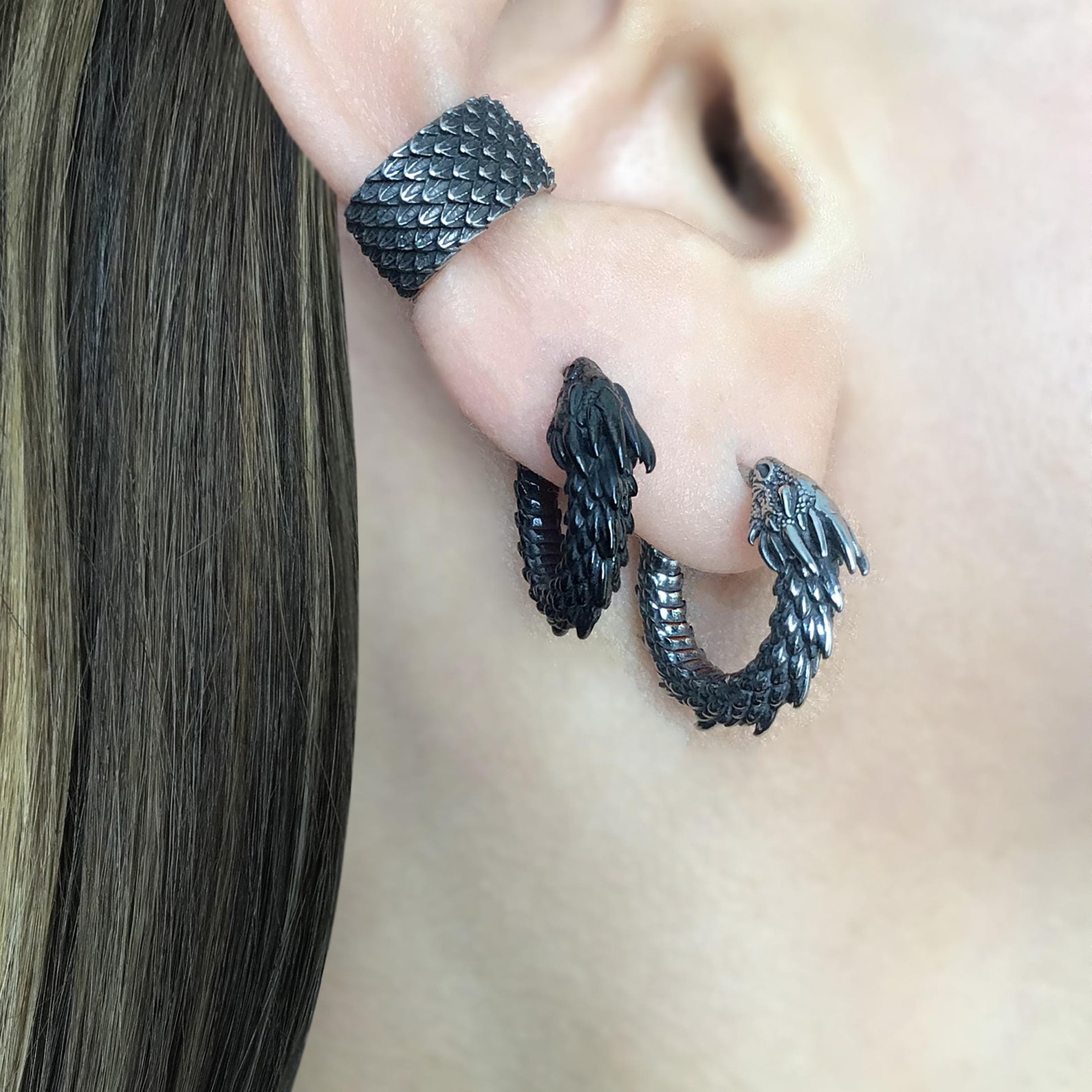 Dragon Hoop Earrings, Hoop Earrings, Gothic Jewelry, Mens Hoops, Dragon ...