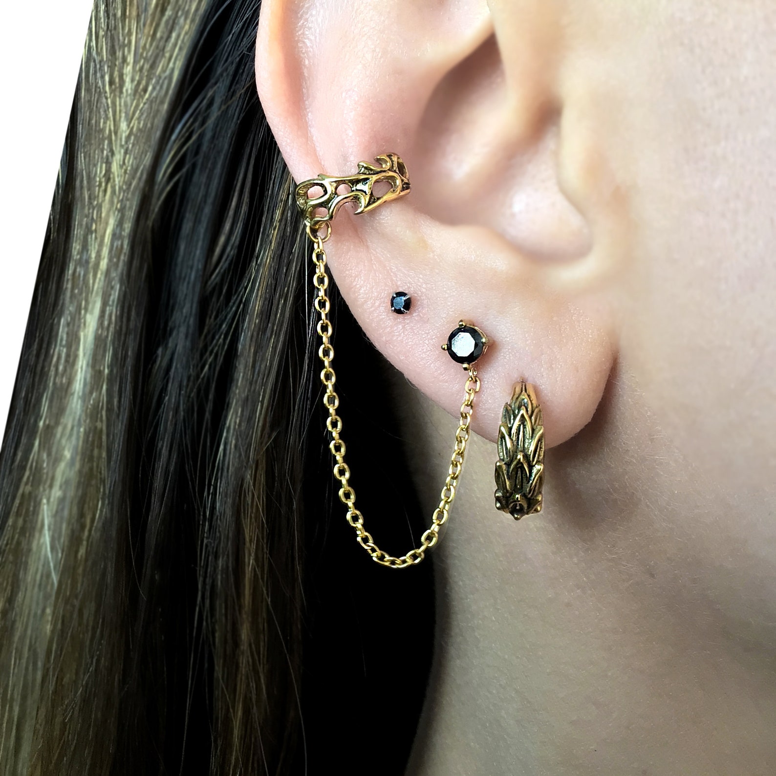 Stud With Ear Cuff Gothic Earring, Chain Earring, Stainless Steel ...