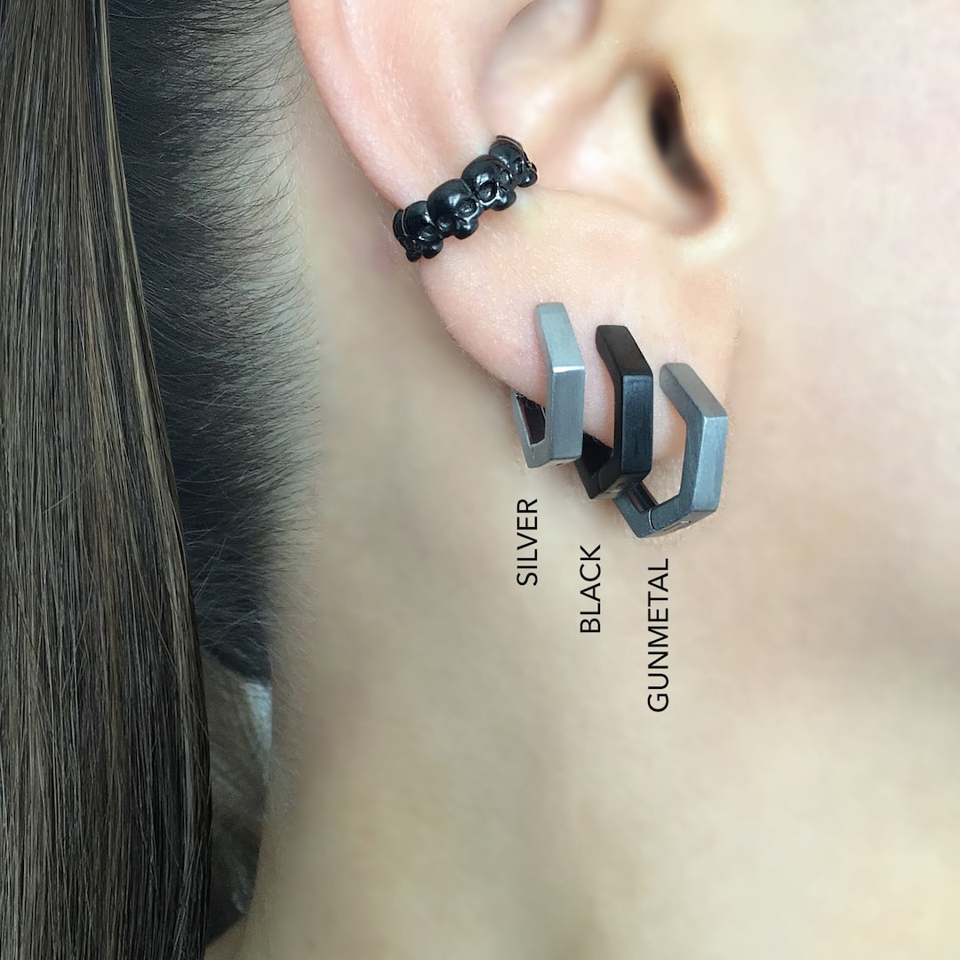 Hexagon Hoops, Matt Finish Hoop Earrings, Black Hoop Earrings, Mens ...