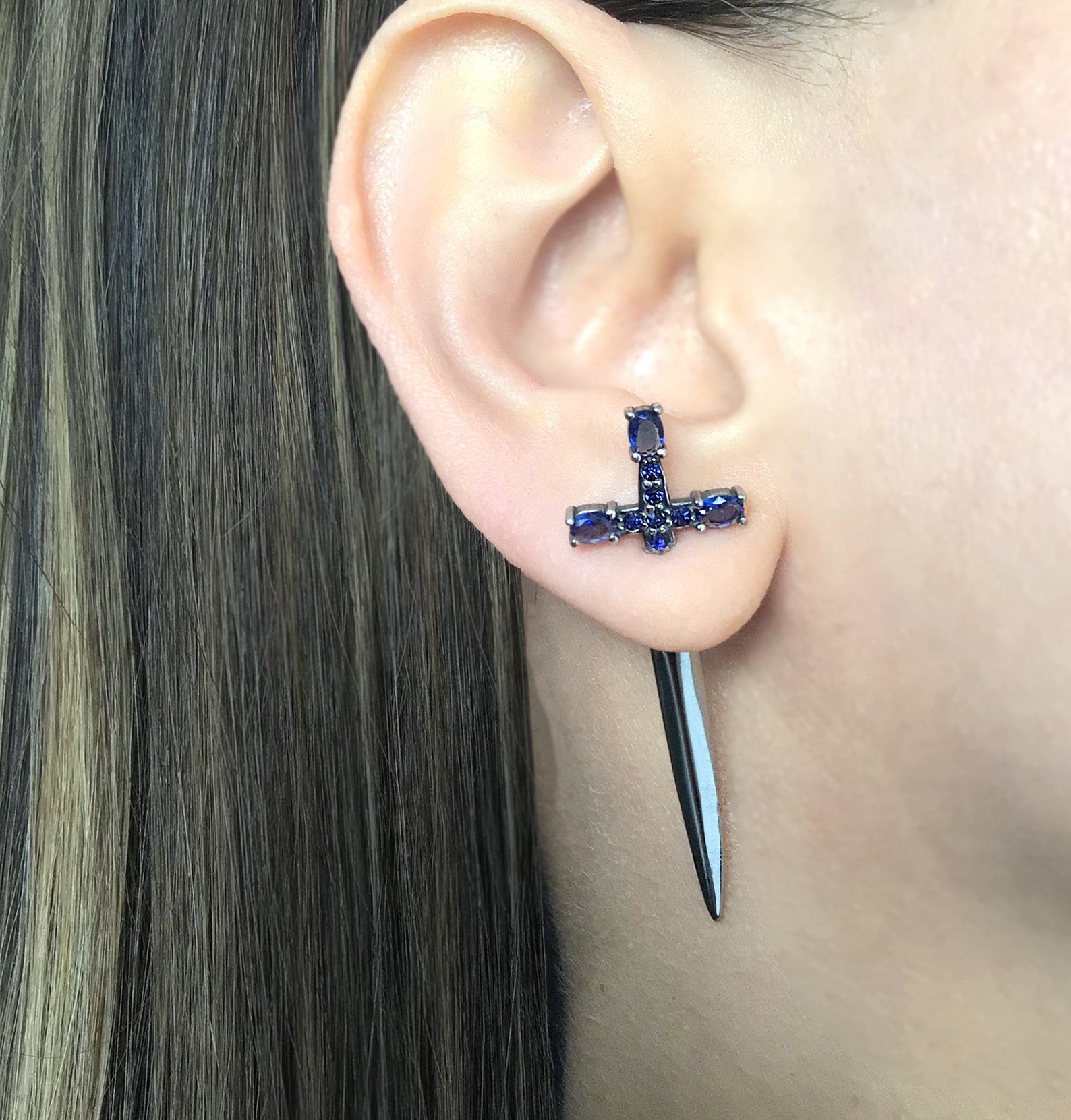 Sword Earrings Sapphire Sword Dagger Earrings Front Back - Etsy