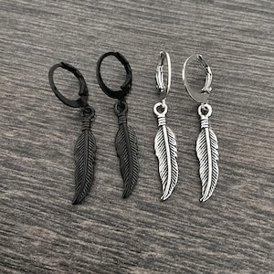 Feather Hoop Earrings, Gothic Jewelry, Black Hoops, Stainless Steel ...