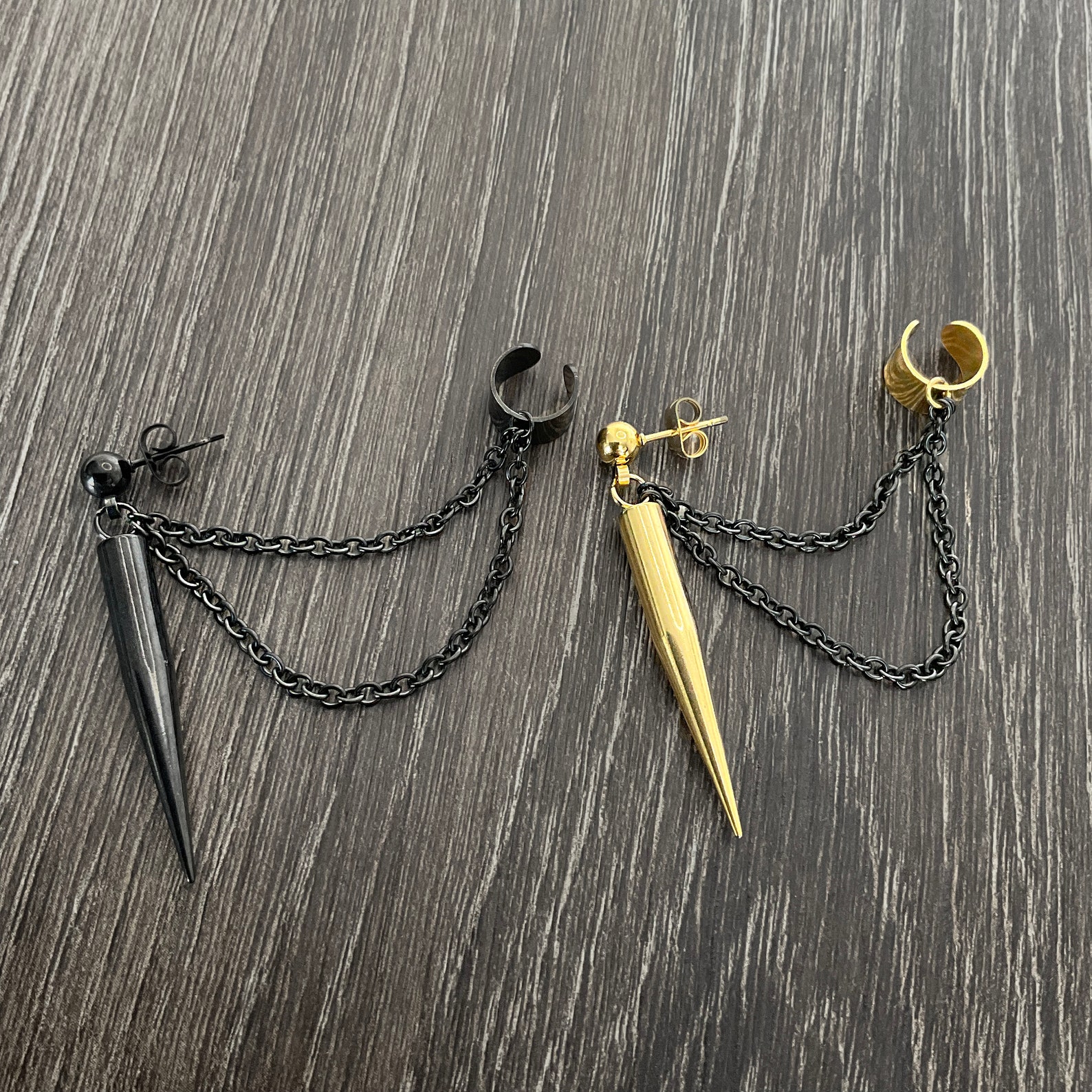 Ear Cuff With Spike Earring, Spike Earrings, Mismatched Earrings, Black ...