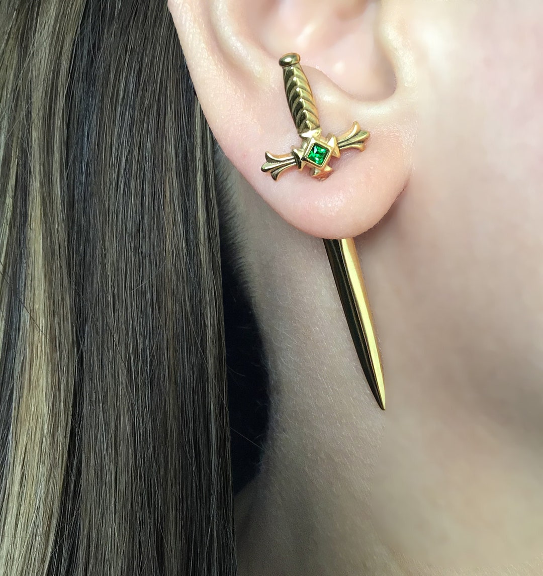 Emerald Sword Earrings, Dagger Earrings, Front Back Earrings, Gothic ...