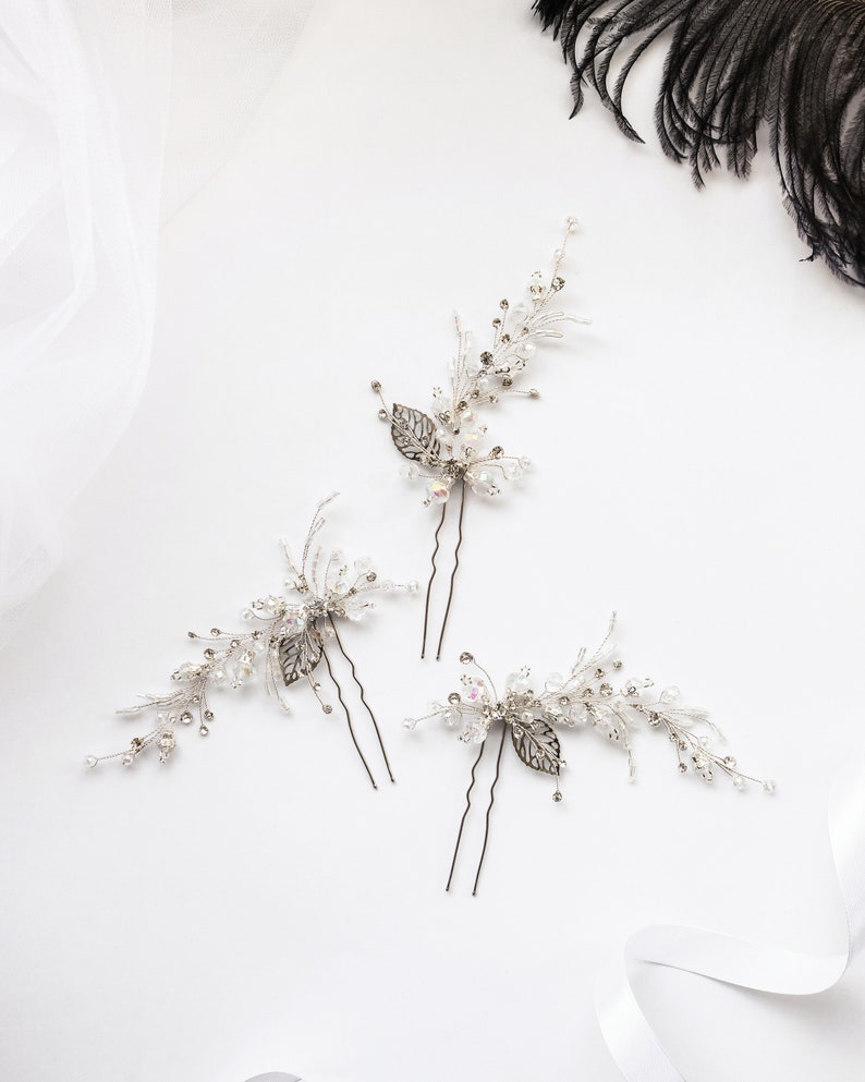 Set of 3 Crystal Bridal Hair Pins Wedding Leaf Hair Stick - Etsy
