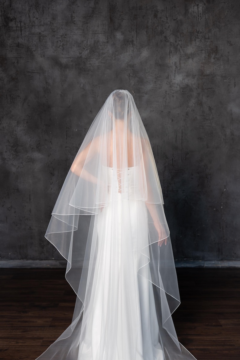 Pencil Edge Blusher Veil, Double Tier Cathedral Wedding Veil, Soft ...