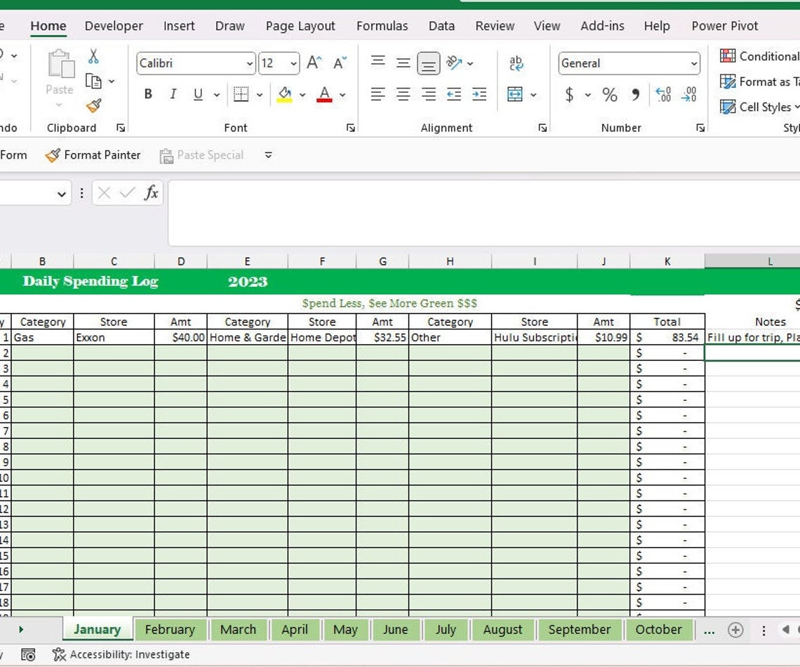 Daily Spending Log, Month by Month Workbook, Digital Download, Excel ...