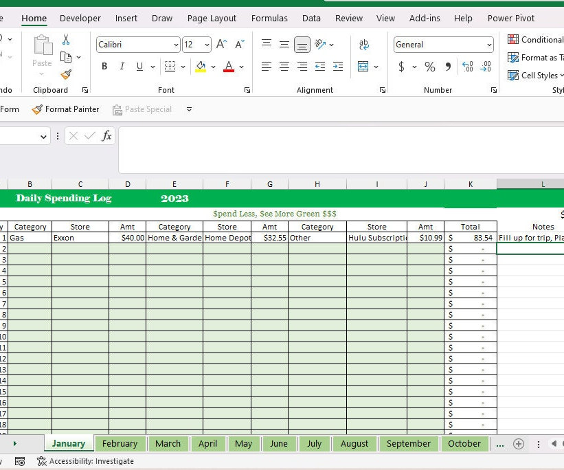 Daily Spending Log, Month by Month Workbook, Digital Download, Excel ...