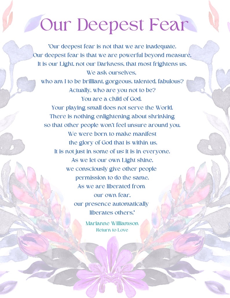 Our Deepest Fear Poem, Marianne Williamson, Daily Affirmation ...