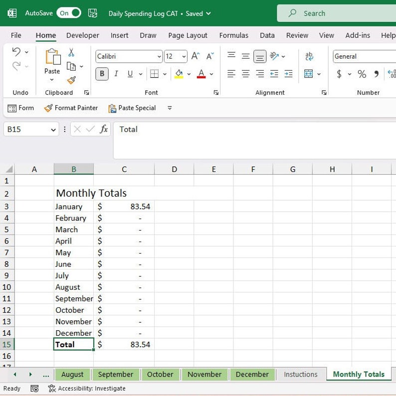 Daily Spending Log, Month by Month Workbook, Digital Download, Excel ...