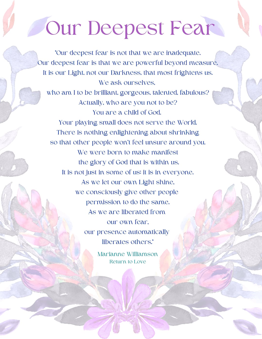 Our Deepest Fear Poem, Marianne Williamson, Daily Affirmation ...