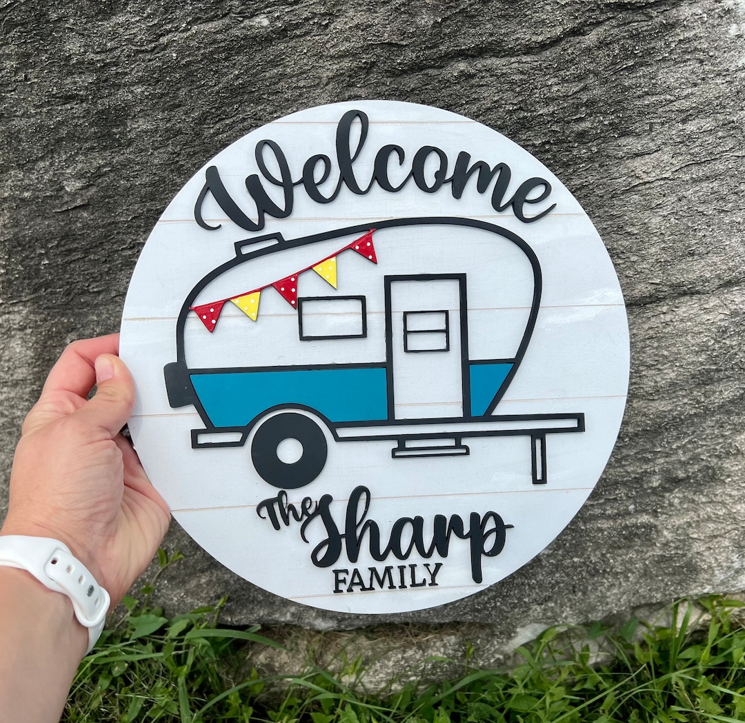 Camping Sign, Camper Door Hanger, Family Name Door Hanger, Retro Camper ...