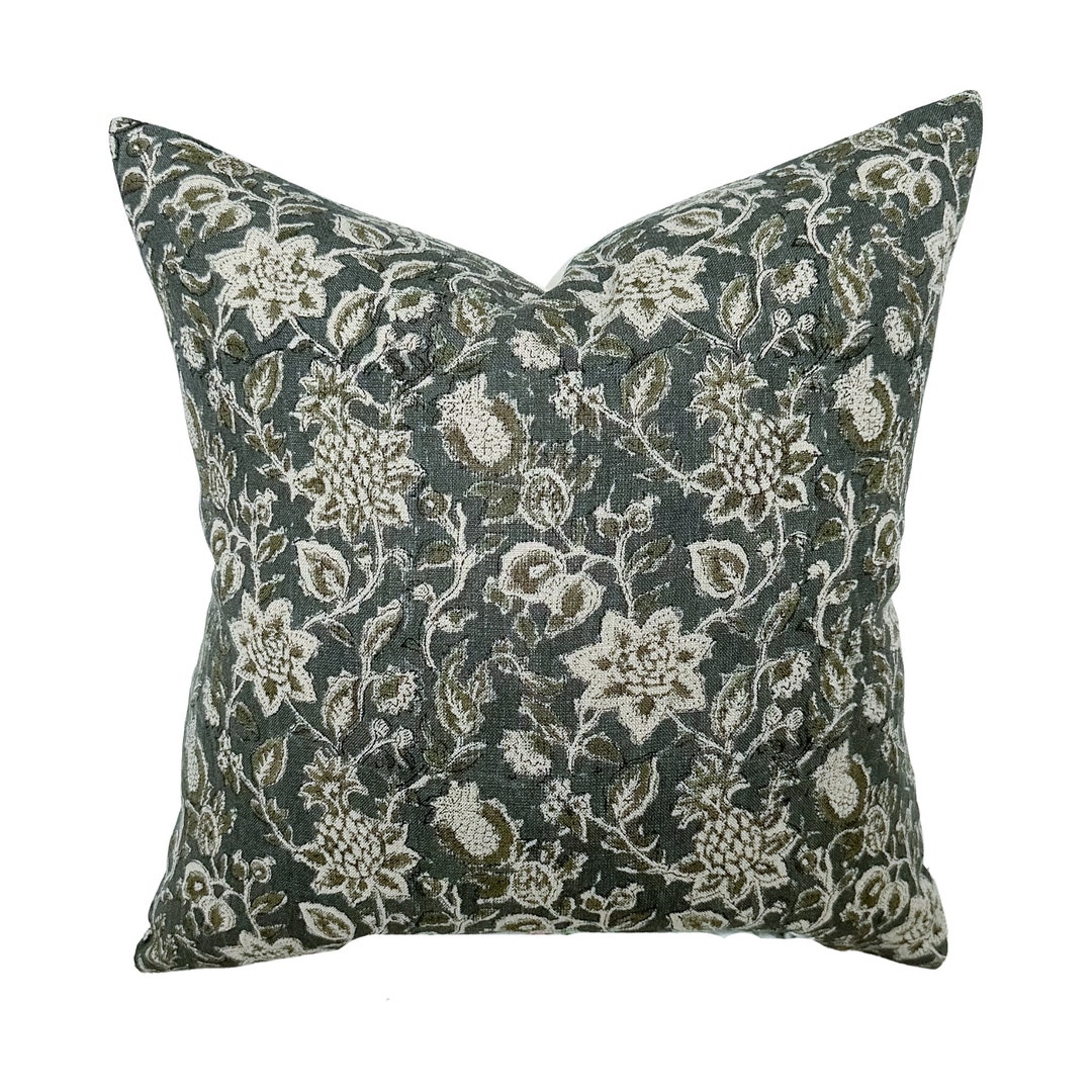 Willow | Deep Blue & Sage Floral Pillow Cover | Navy Designer Fabric ...