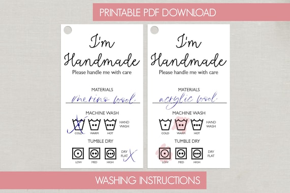 Printable Handmade Care Tags I'm Handmade Washing | Etsy