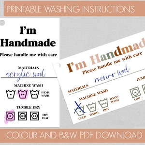 Printable Handmade Washing Care Tags Care Labels for Handmade Items ...