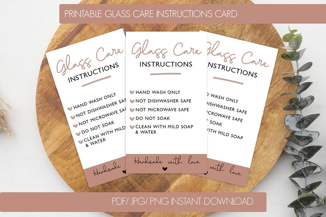 Printable Glass Care Instructions Card | PDF PNG Glass Care Card ...