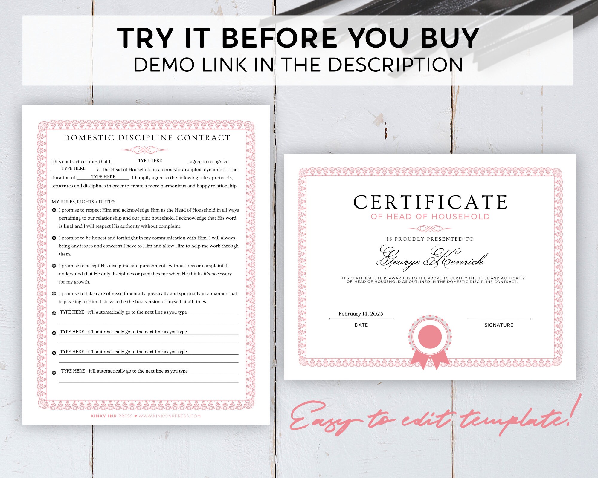 Editable Domestic Discipline Certificate Contract / Printable / Great ...
