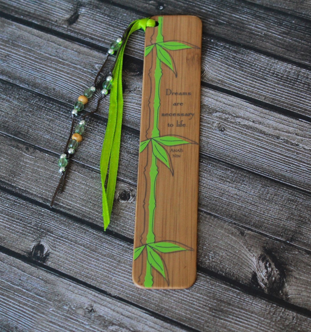 Bamboo Bookmark With Quote and Green Embellishments - Etsy