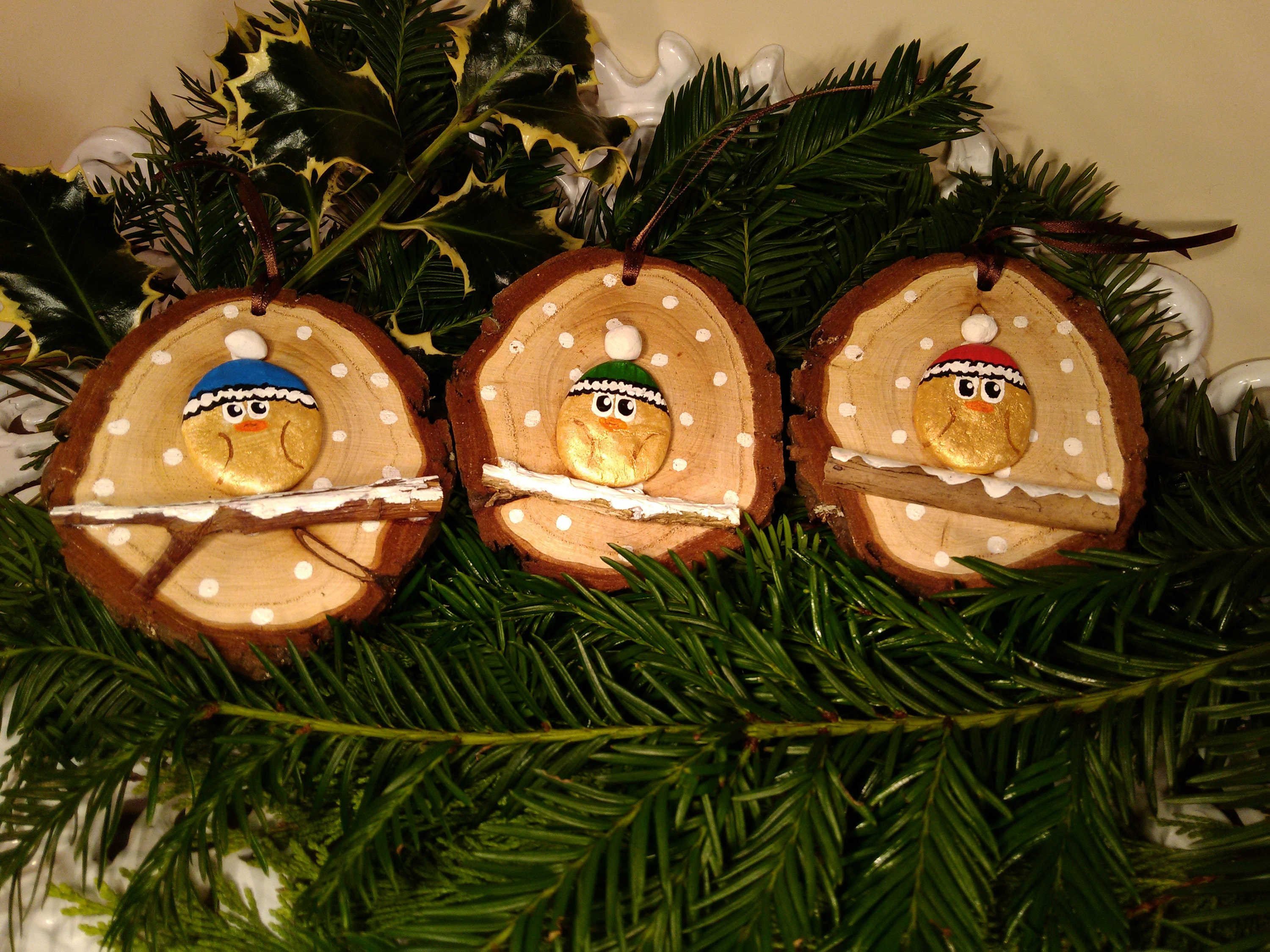 Hand Painted Little Gold Bird Keeping Warm in the Snow, Christmas ...