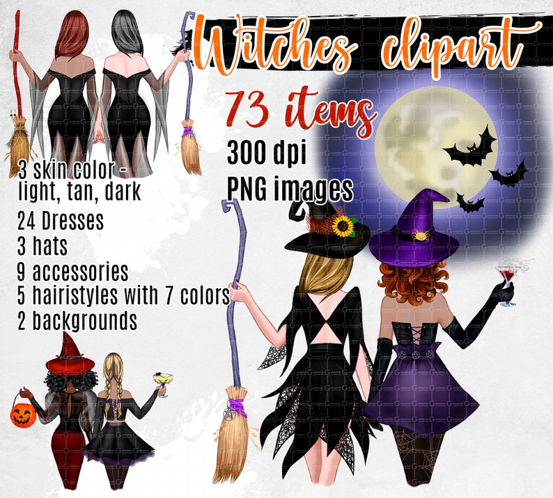 Halloween Witches Friends Clipart PNG Files Halloween - Etsy