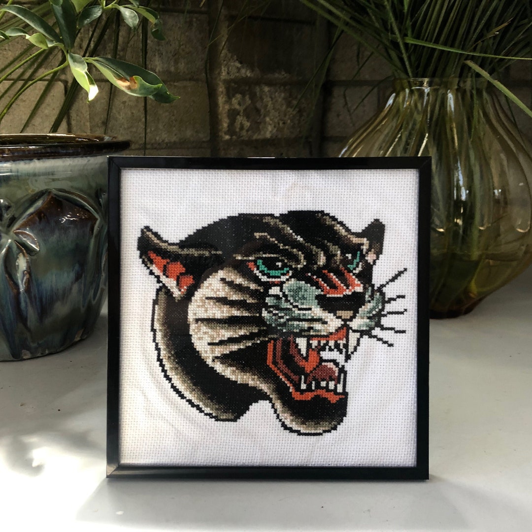 American Traditional Panther Cross Stitch - Tattoo Flash Cross Stitch ...