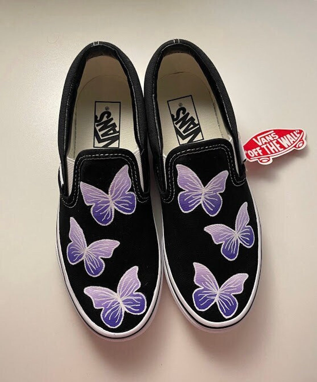 Custom Hand-painted Butterfly Slip-on Vans | Black | White Vein ...