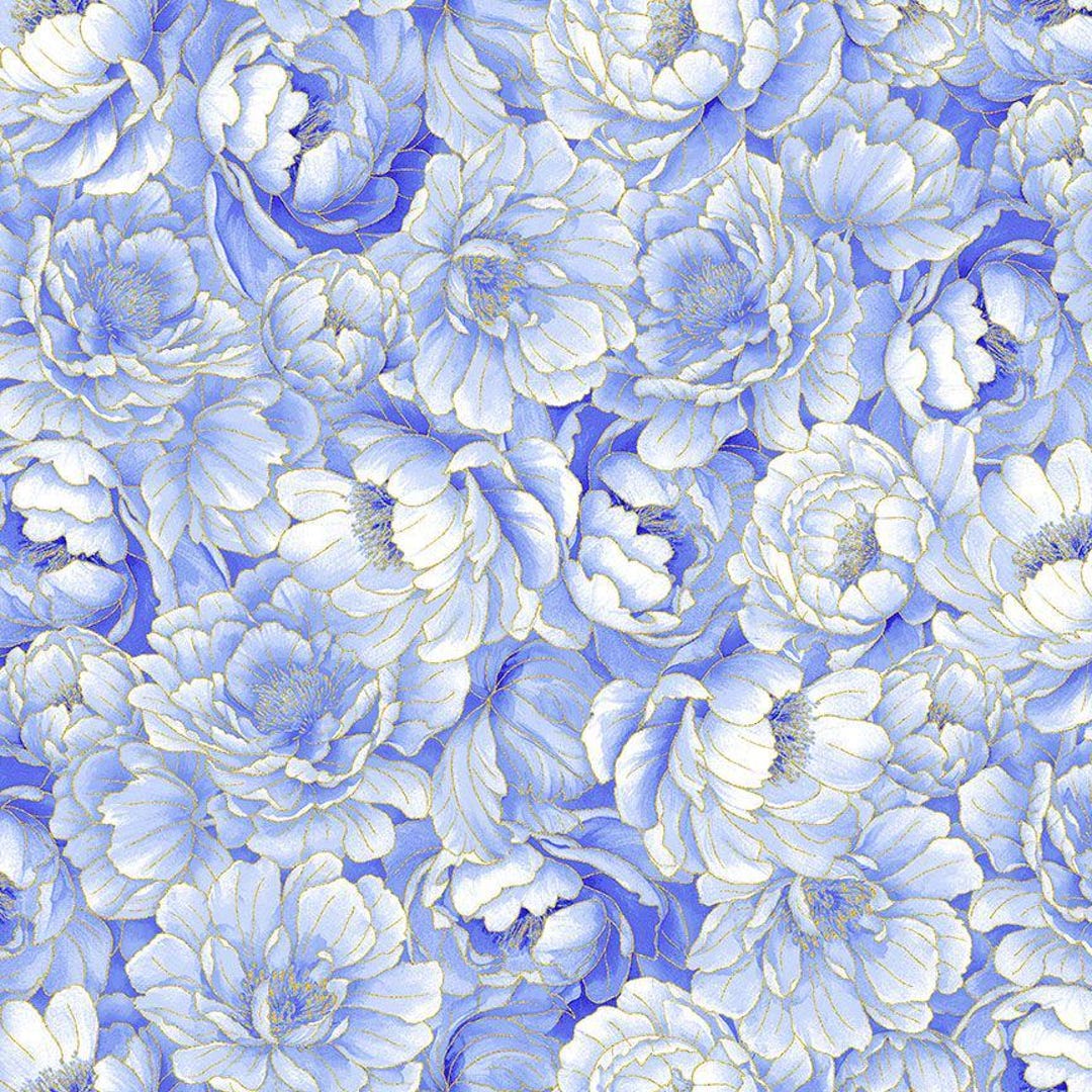 Asian Large Packed Floral With Metallic Gold on Blue by the Yard, Half ...