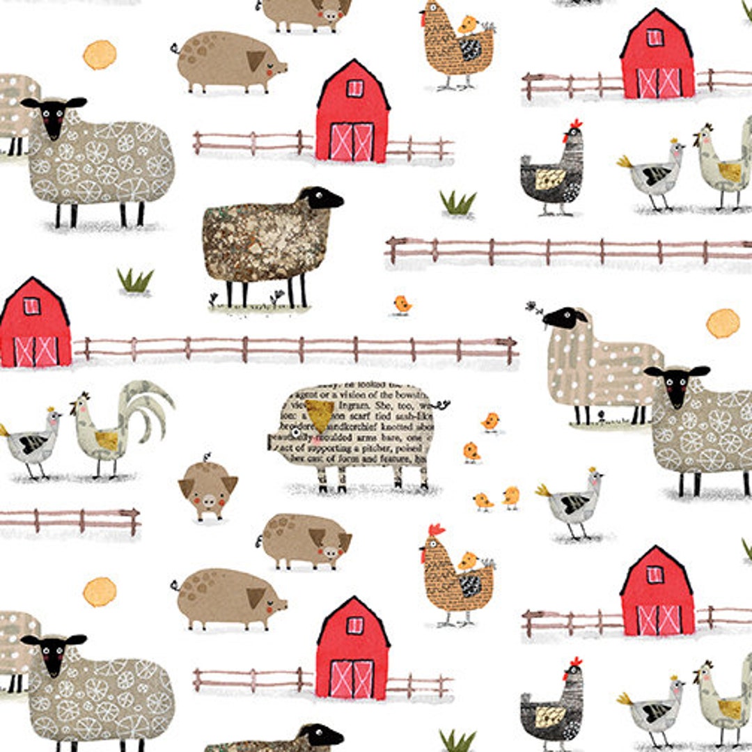 5 Cute Farm Designs With Sheep, Chickens, Pigs, Cows on White Red, Dots ...