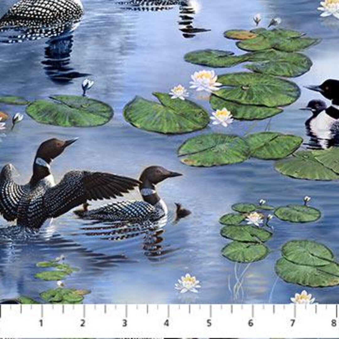 Majestic Loons in Water With Lily Pads, Cotton Digitally Printed Fabric ...