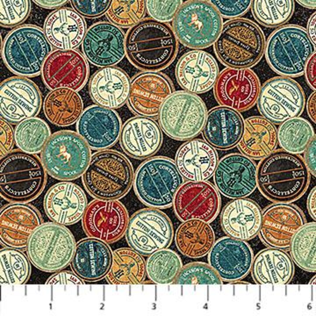 Vintage Thread Spool Tops on Black Stitchin' Northcott Digital Cotton ...