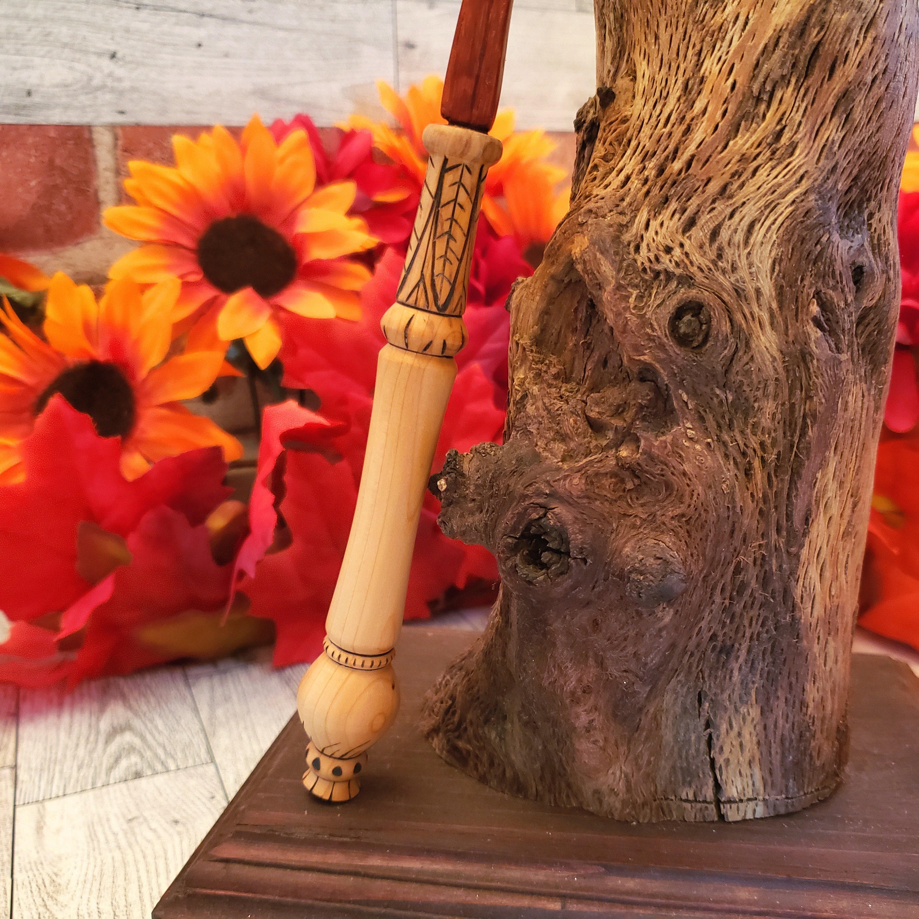 Beautiful Yew and Padauk Flameberg Ritual Magic Wand With Art Deco Leaf ...
