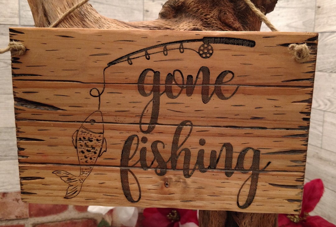 Wood gone Fishing Hanging Sign. Fish on a Hook - Etsy