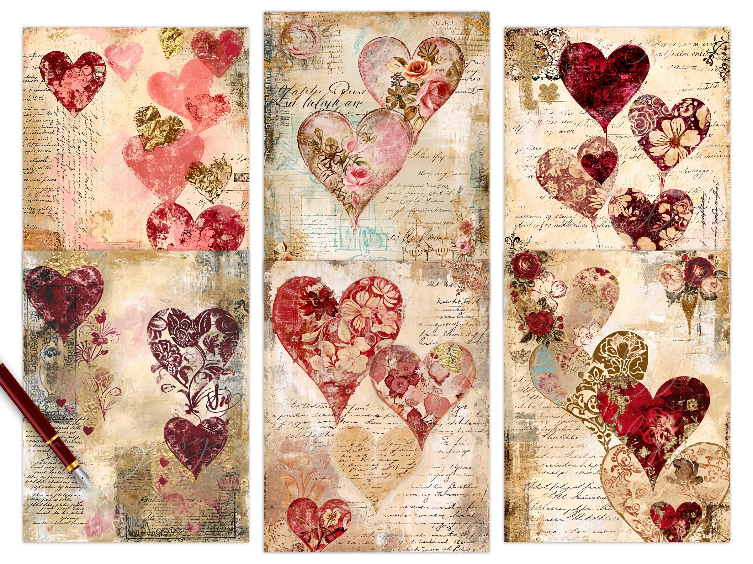 Hearts Junk Journal Pages, Stamped Watercolor Valentine's Day Digital ...
