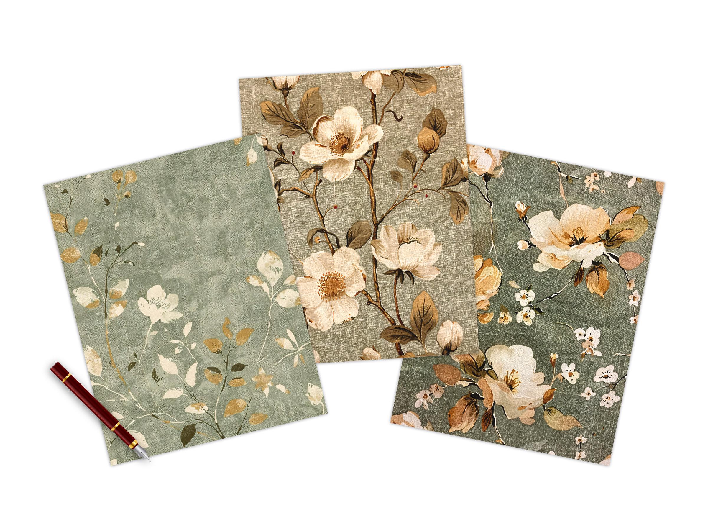Green Floral Fabric Scrapbook Papers, Ivory Chinoiserie Blossoms Linen ...