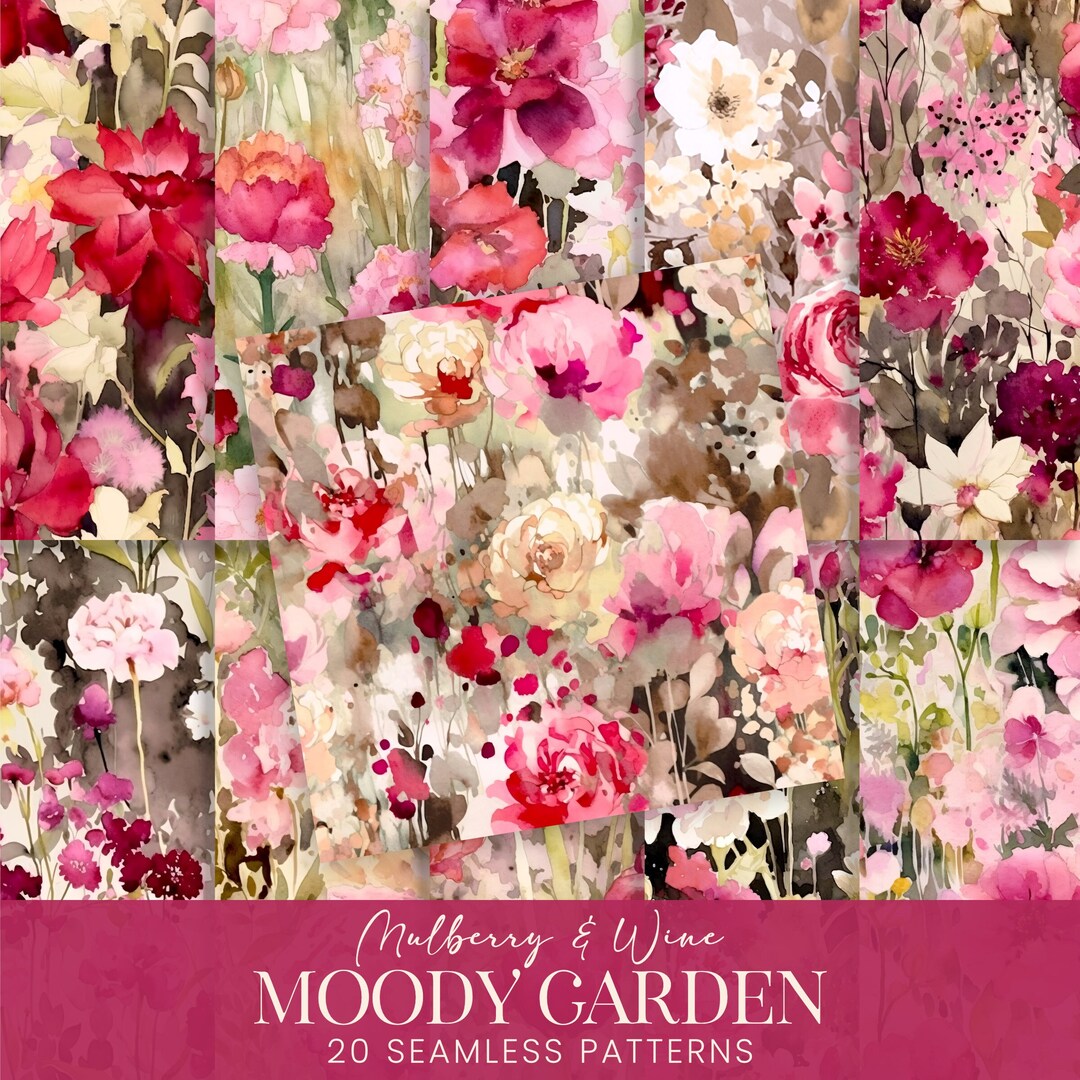 French Garden Flowers Seamless Patterns, Berry Red Pink Modern ...