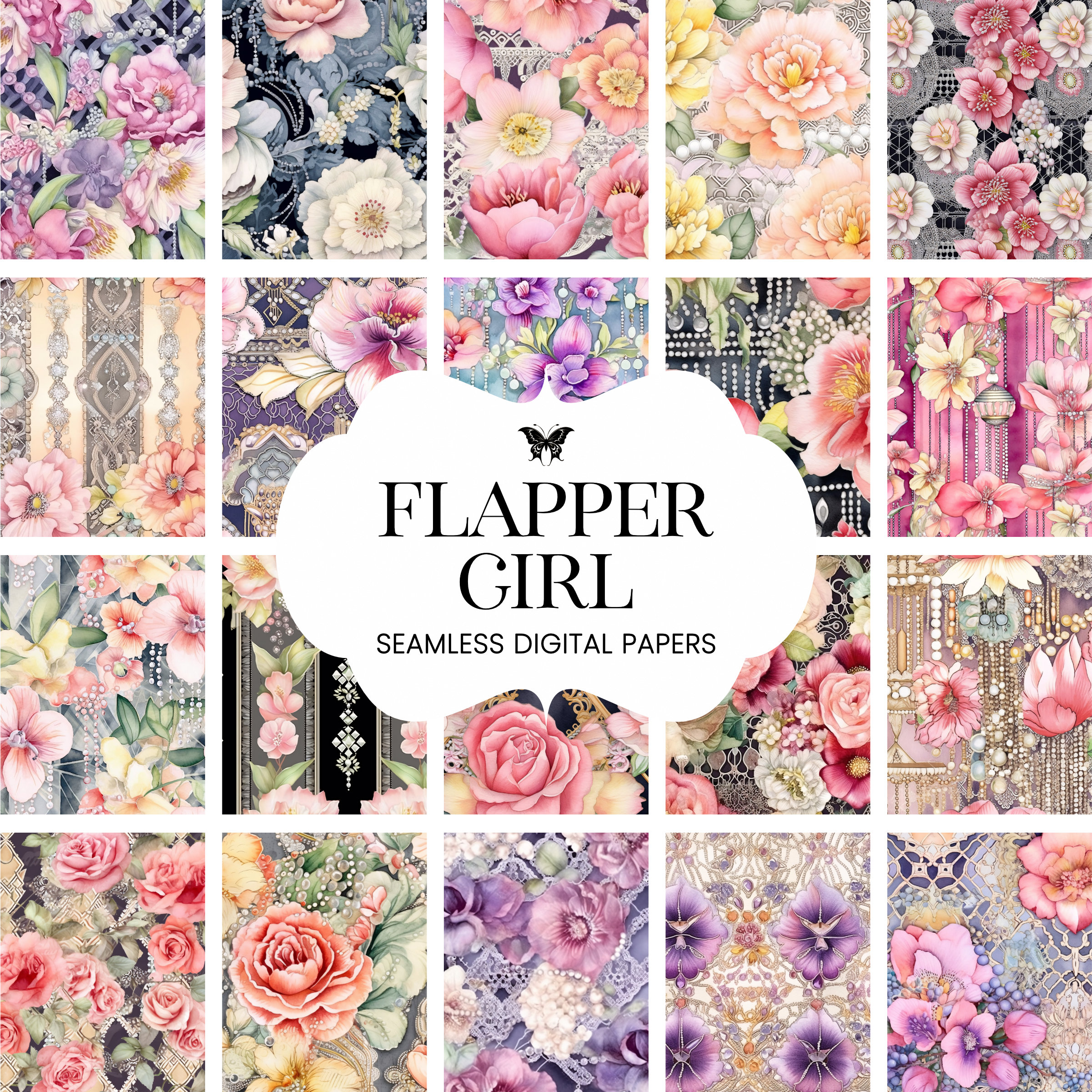 Flapper Girl Floral Seamless Patterns, Roaring 1920s Lace Pearls ...