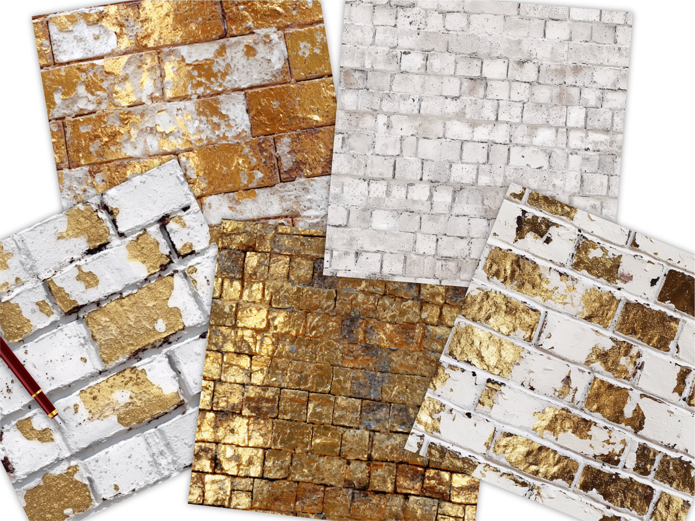White and Gold Brick Seamless Patterns, Grunge Metallic Digital Papers ...