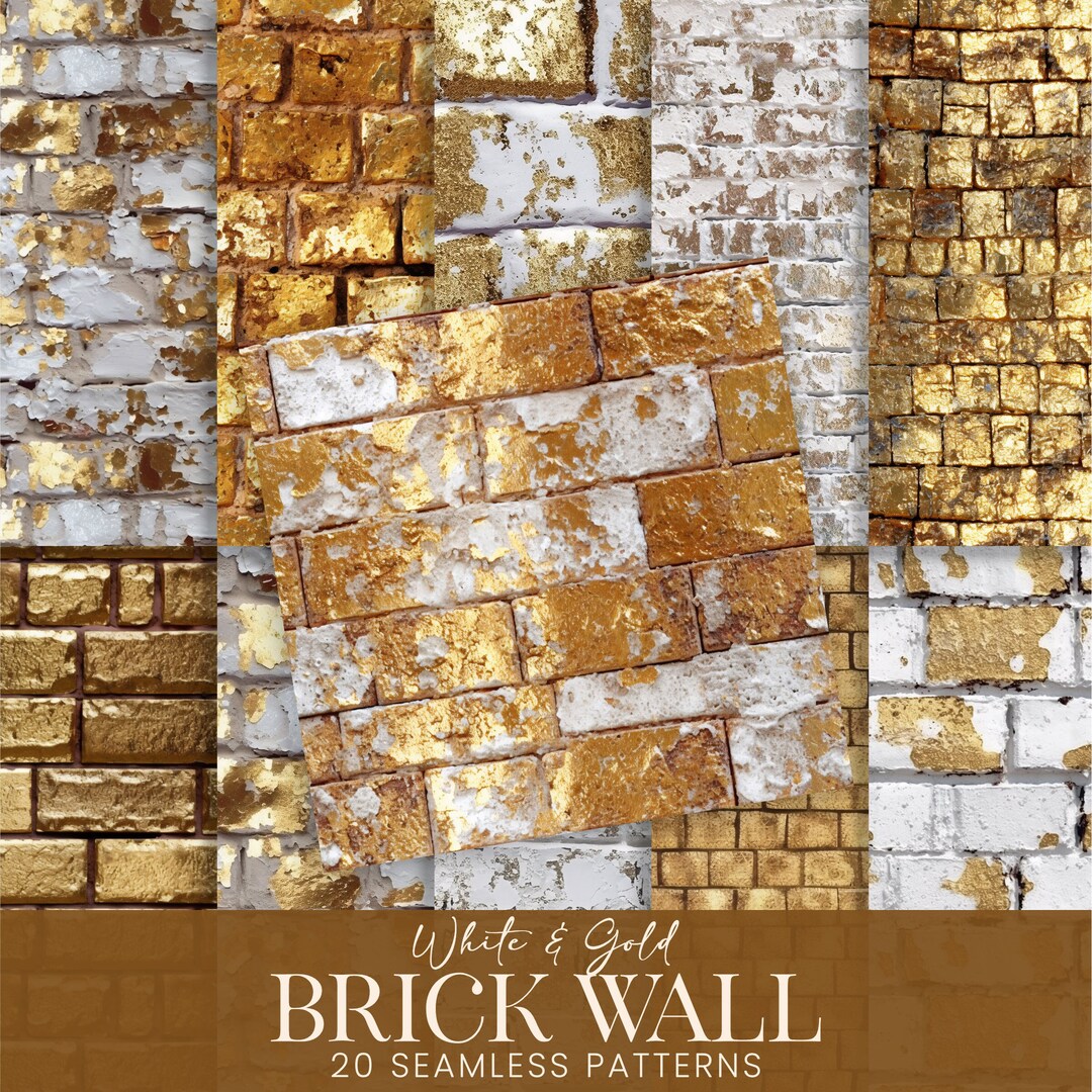 White and Gold Brick Seamless Patterns, Grunge Metallic Digital Papers ...