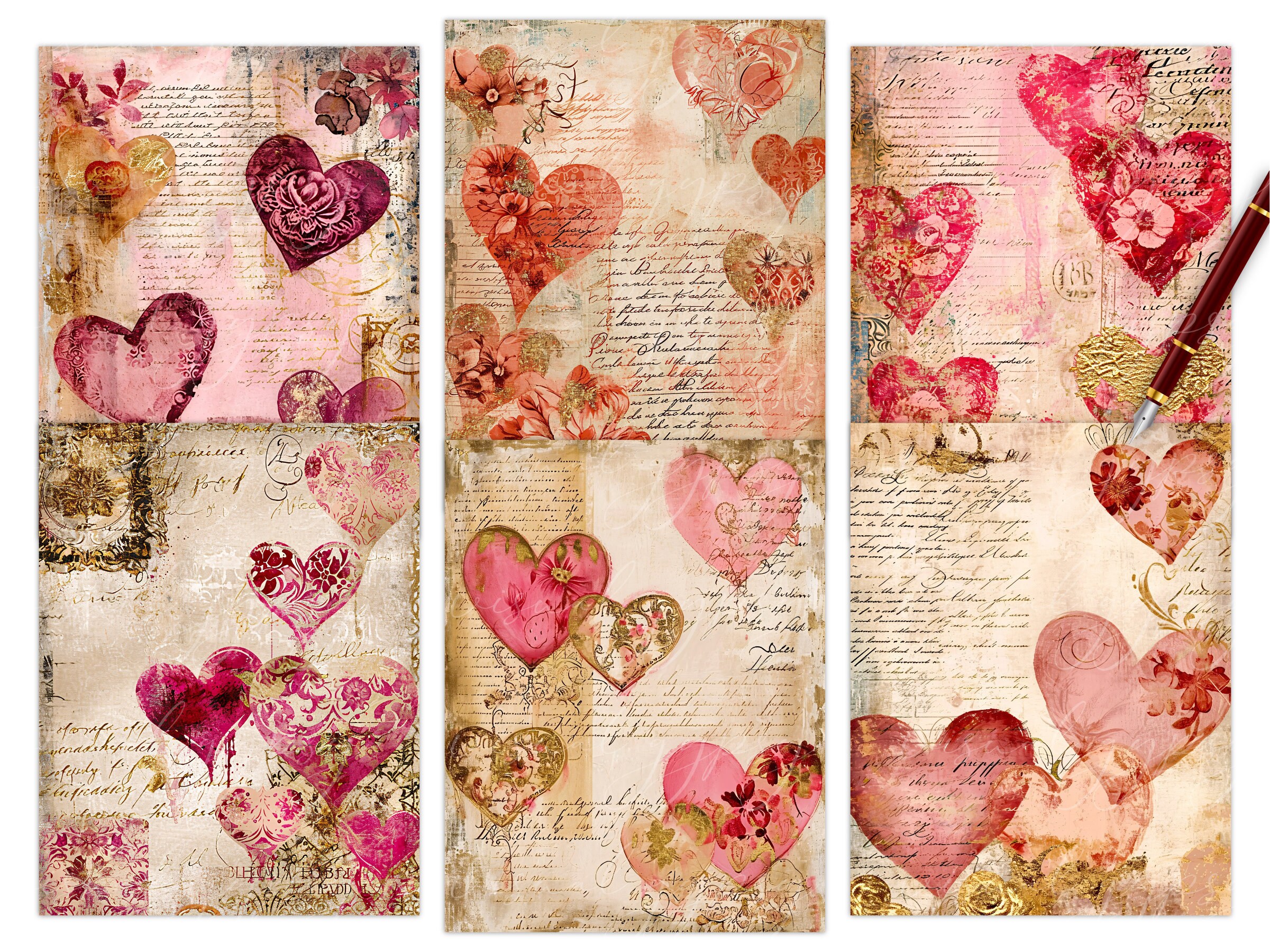 Hearts Junk Journal Pages, Stamped Watercolor Valentine's Day Digital ...