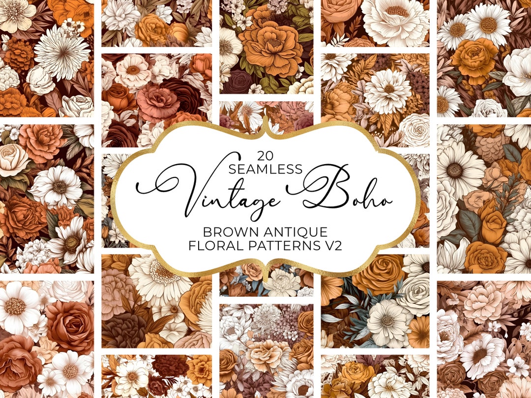 Vintage Floral Brown Digital Papers Retro Illustrated Boho - Etsy