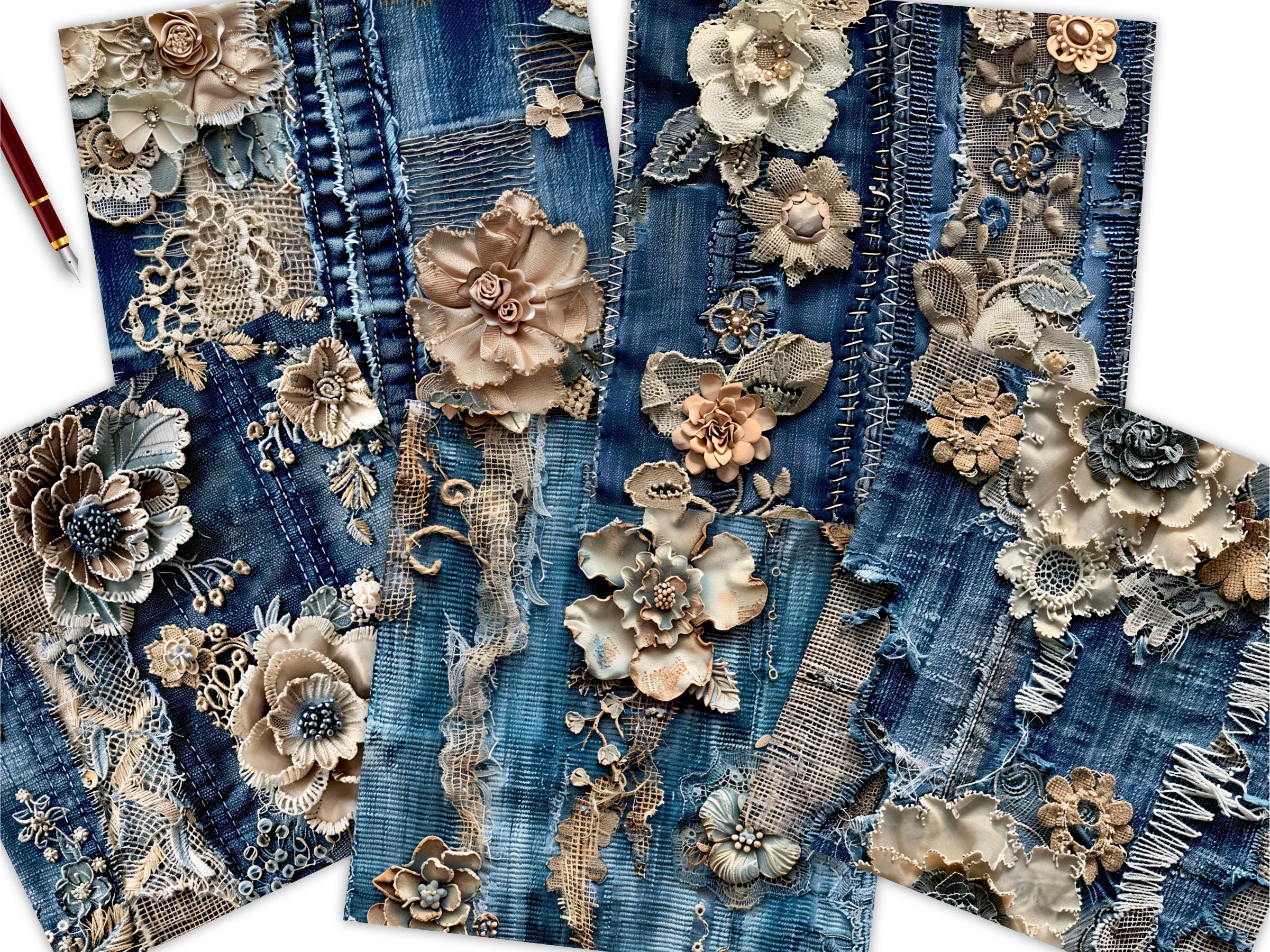 Denim Burlap Floral Seamless Patterns, Distressed Blue Jeans Fabric ...