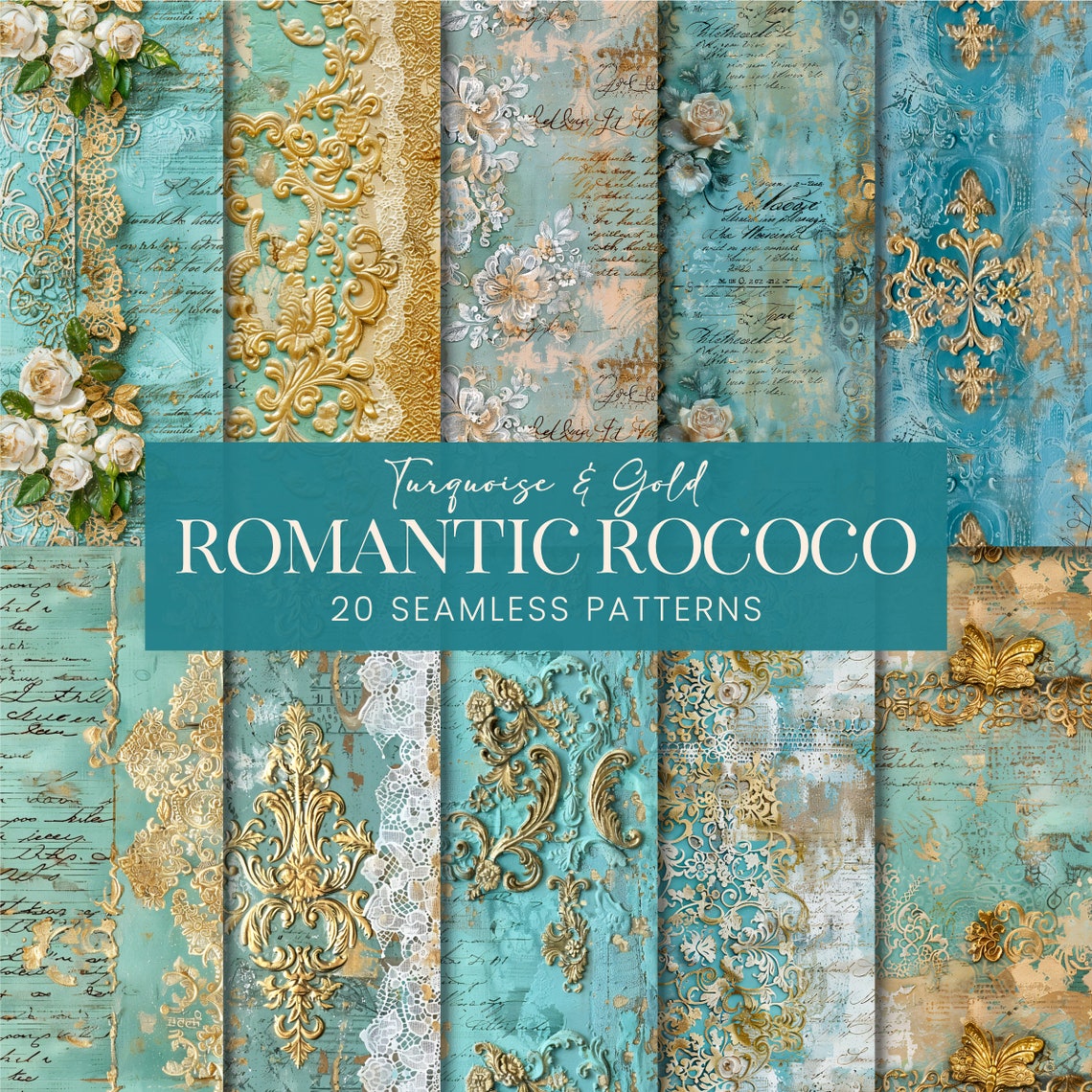 Turquoise Rococo Seamless Patterns, Luxury Grunge Stucco Plaster ...