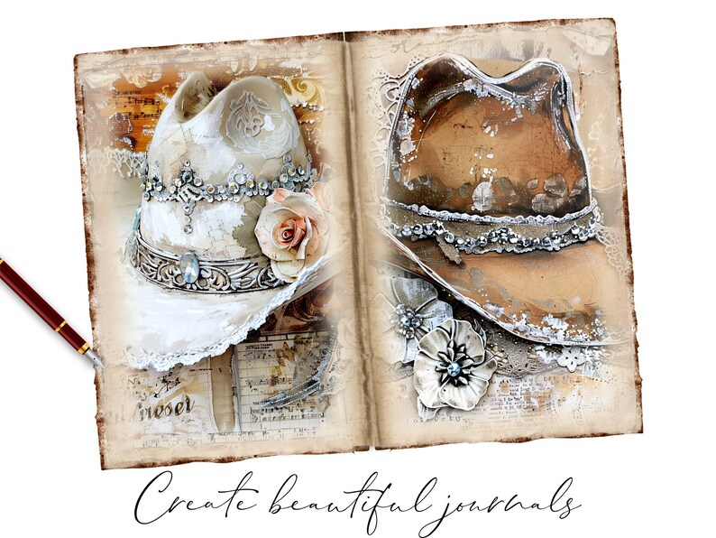 Cowgirl Hats Junk Journal Pages, Country Western Crystal Lace Pearls ...