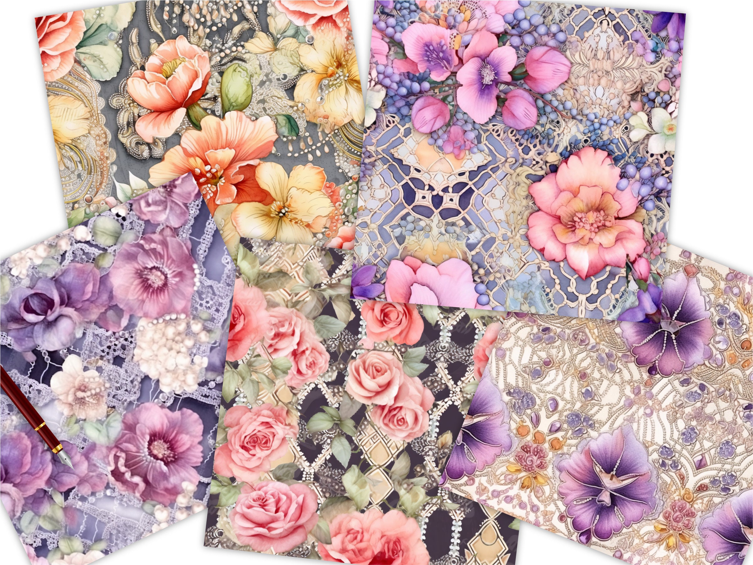 Flapper Girl Floral Seamless Patterns, Roaring 1920s Lace Pearls ...