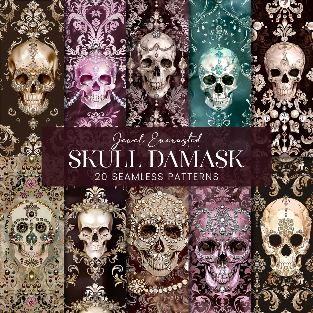 Jeweled Skulls Damask Seamless Patterns, Dark Luxury French Print, Glam ...